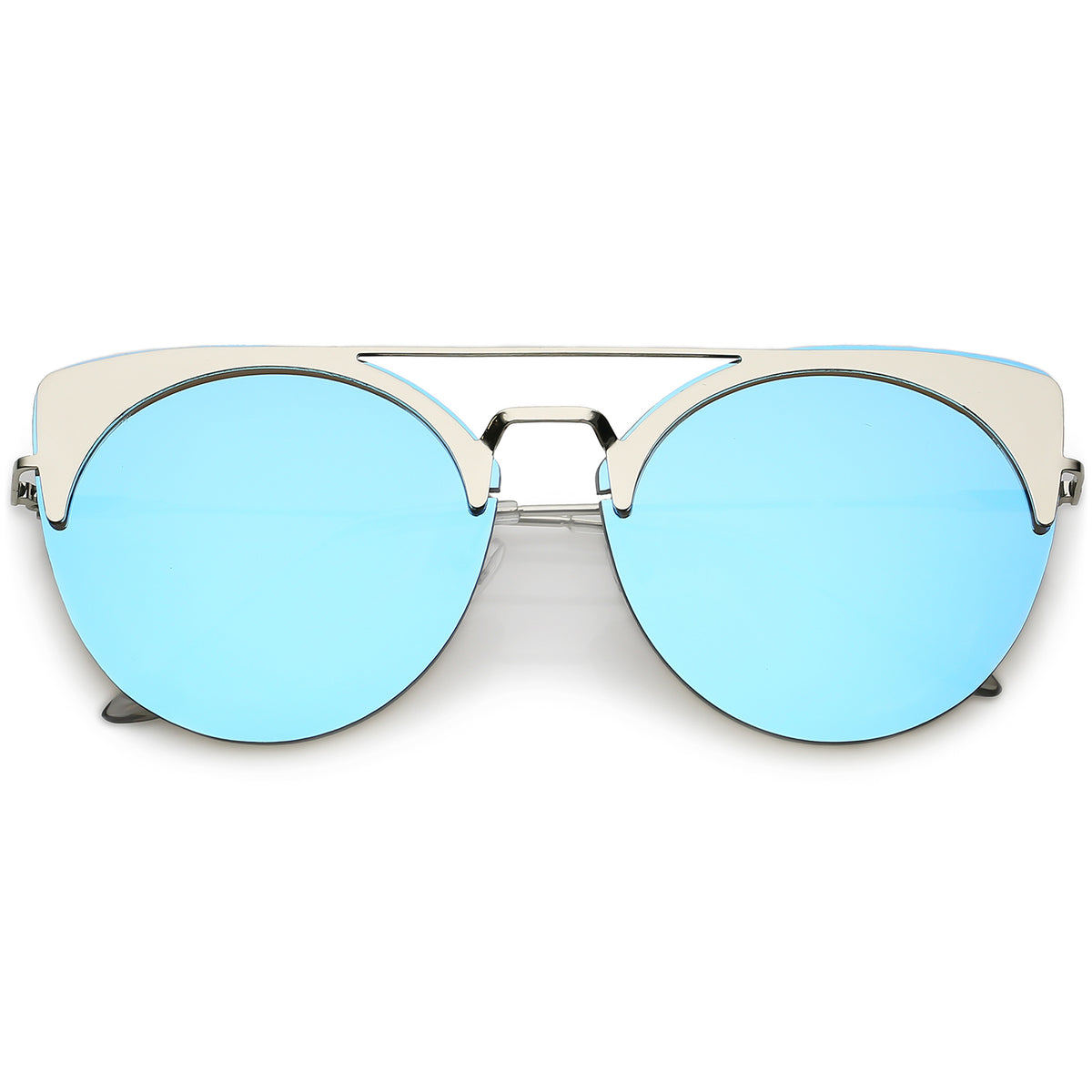 Oversize Rimless Cat Eye Sunglasses Double Crossbar Round Mirrored Fla