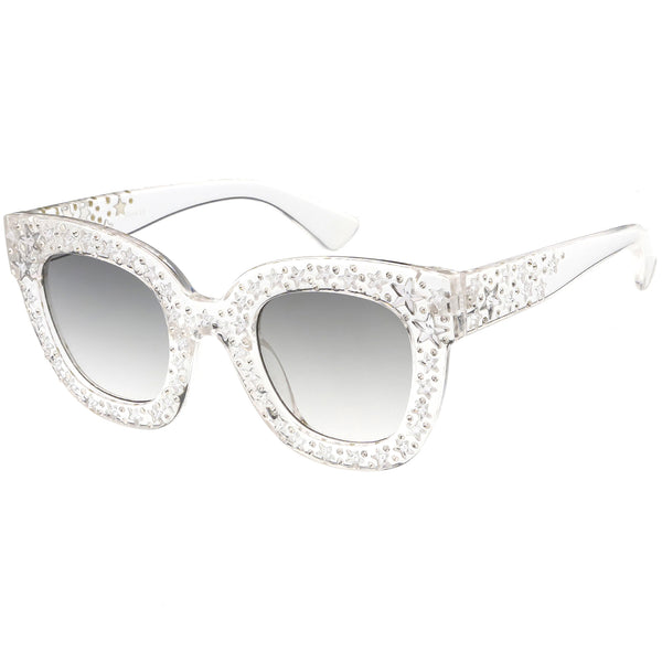 Oversize Star Rhinestones Cat Eye Sunglasses Wide Arms Square Lens 48m